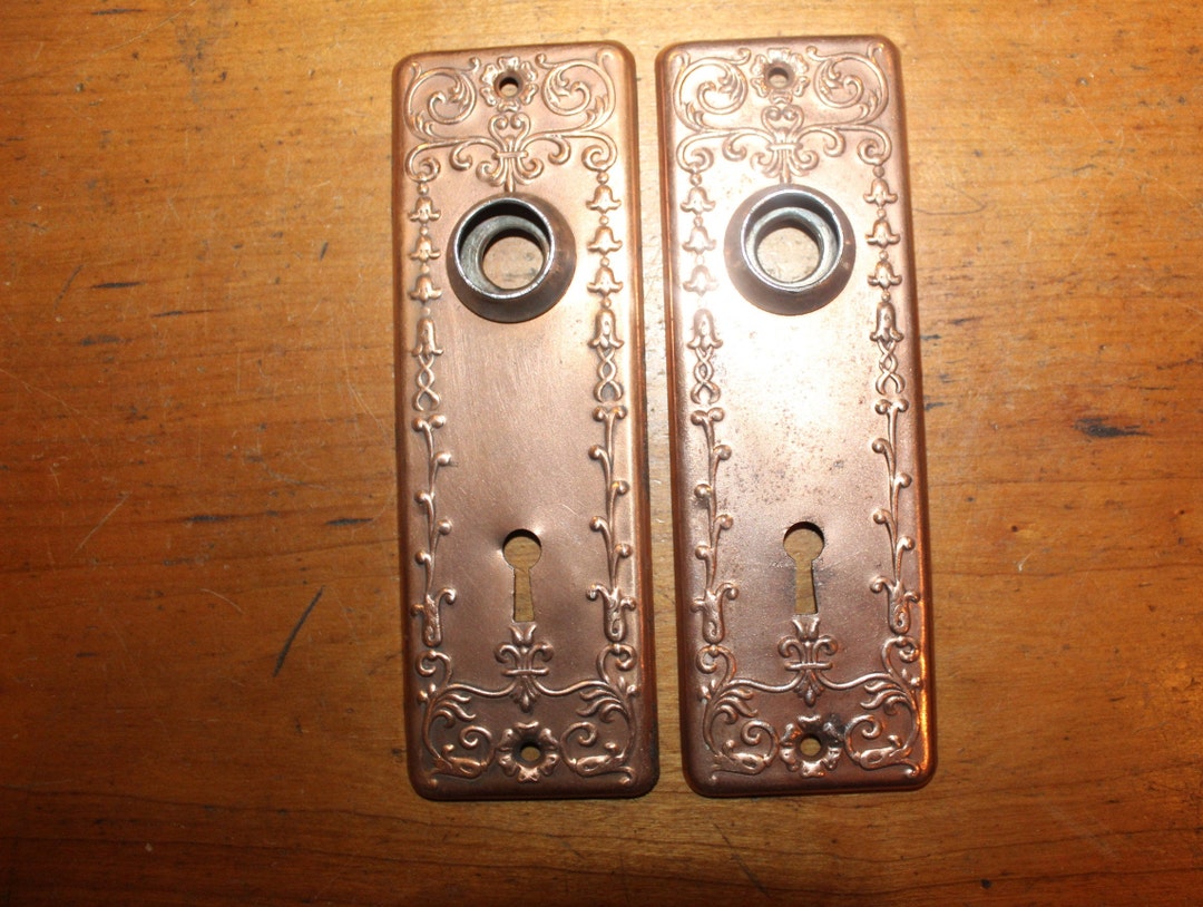 Pair of Antique Ornate Copper Plate on Steel Keyhole Doorknob ...