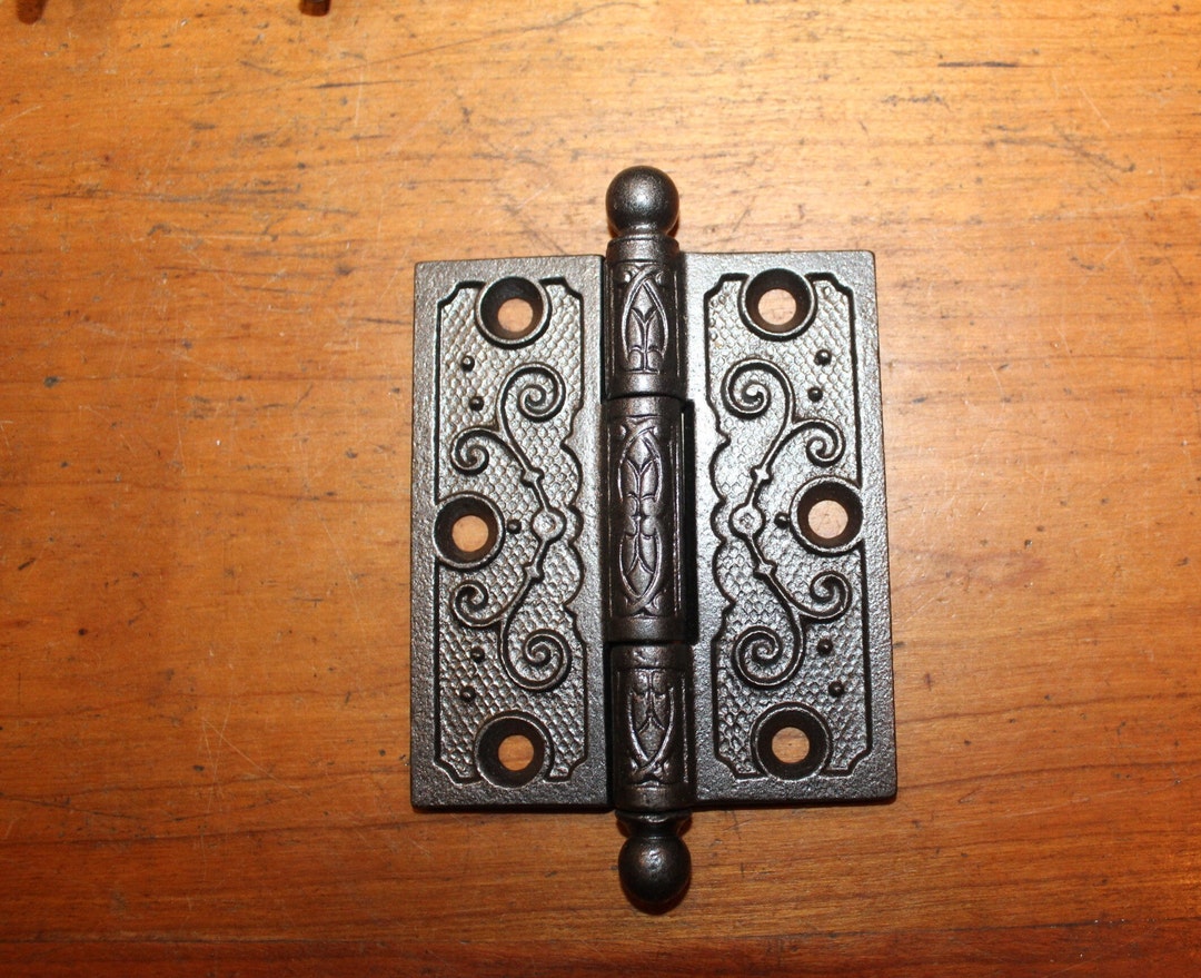 Ornate 3-1/2" X 3" Victorian Fancy Cannonball Tipped Cast Iron Hinge D ...