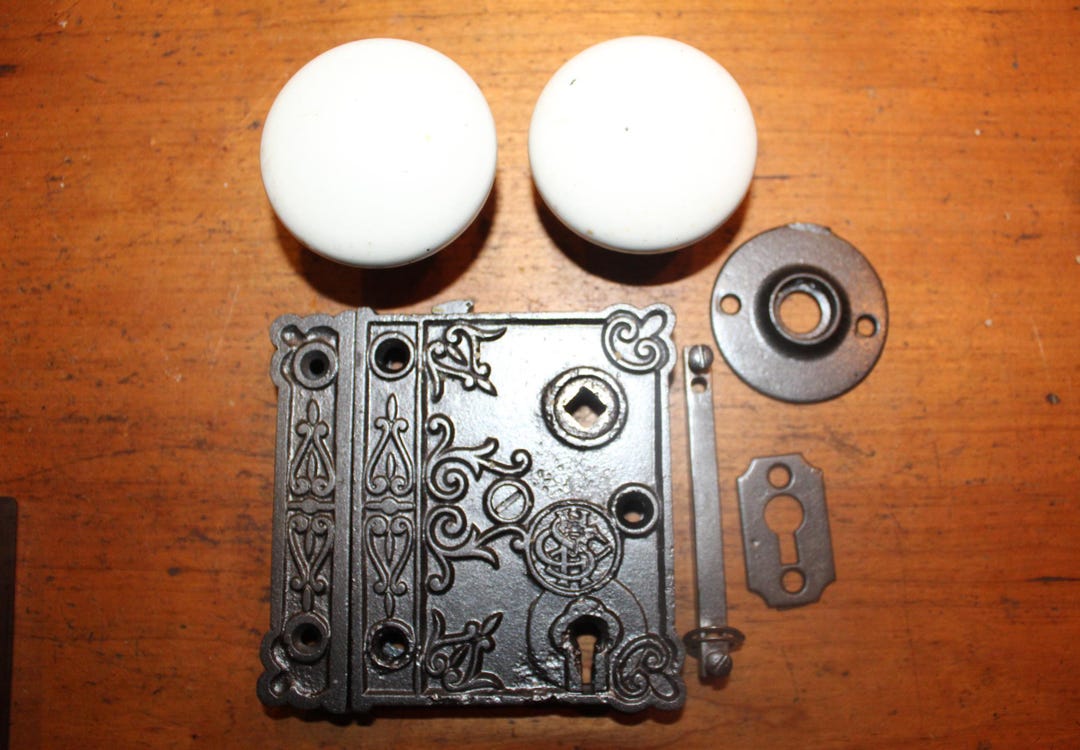 Restored Ornate Antique Cast Iron Rim Lock Set With Knobs, Keyhole ...