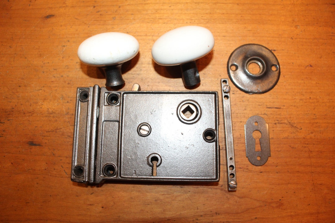 Restored Antique Cast Iron Rim Lock Set With Knobs, Keyhole, Rosette R ...