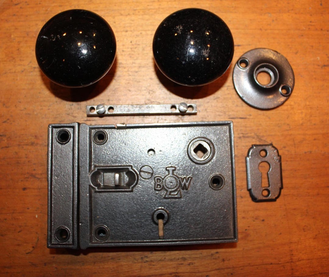 Restored Antique Cast Iron Rim Lock Set With Knobs, Keyhole, Rosette R ...