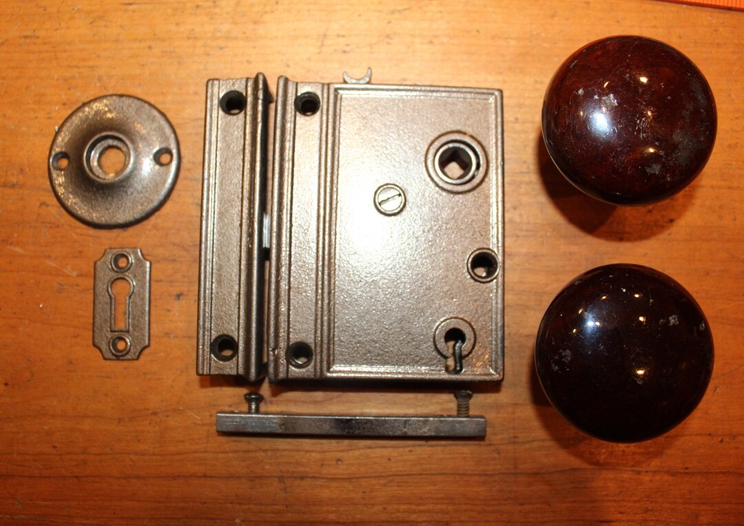 Restored Antique Cast Iron Rim Lock Set With Knobs, Keyhole, Rosette R ...