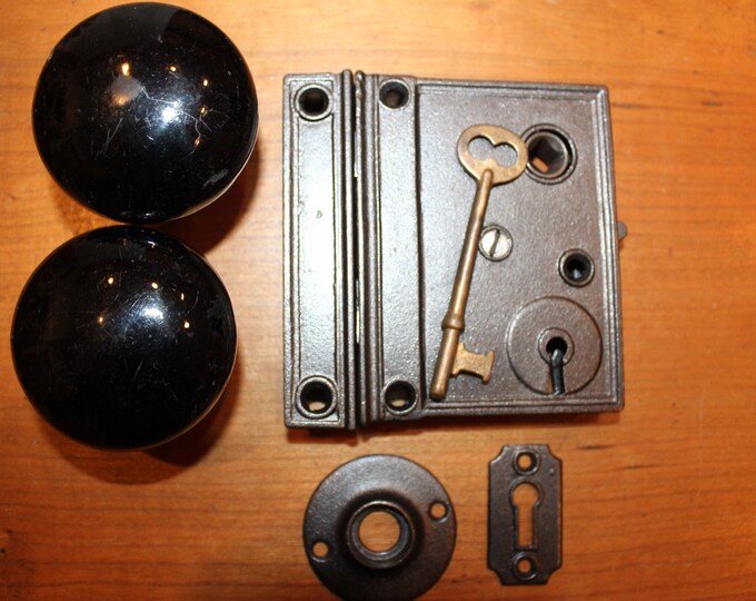 Restored Antique Cast Iron Rim Lock Set With Knobs, Keyhole, Rosette ...