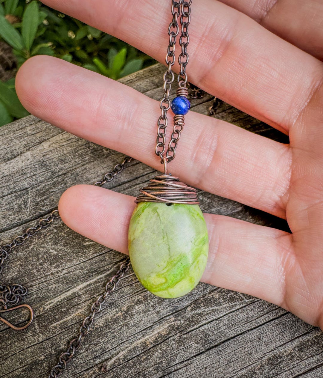 Rare Gaspeite Gemstone Necklace: Oxidized Copper Wire Wrapped Lapis ...