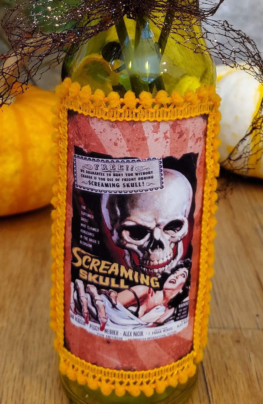 Retro Halloween Bottle. Screaming Skull. Yellow Glass. Vintage-style ...