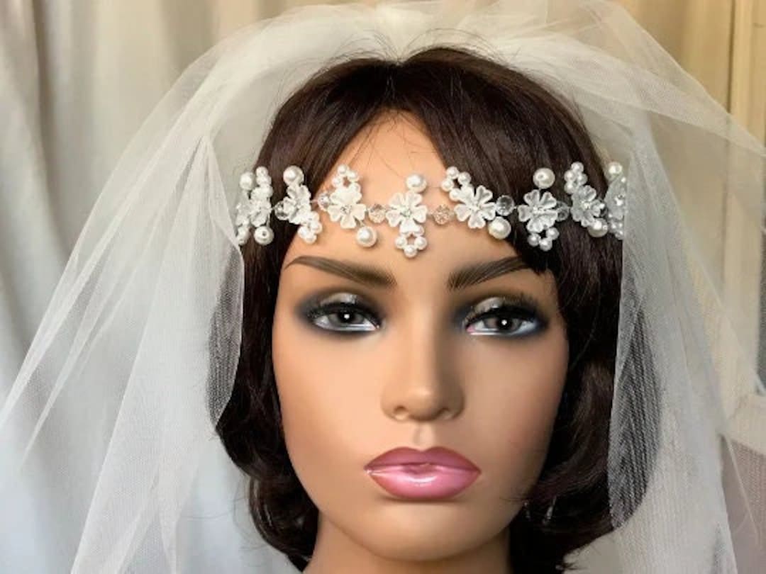 Wedding Forehead Crown, Bridal Hair Vine, Pearl Floral Headband, Veil ...