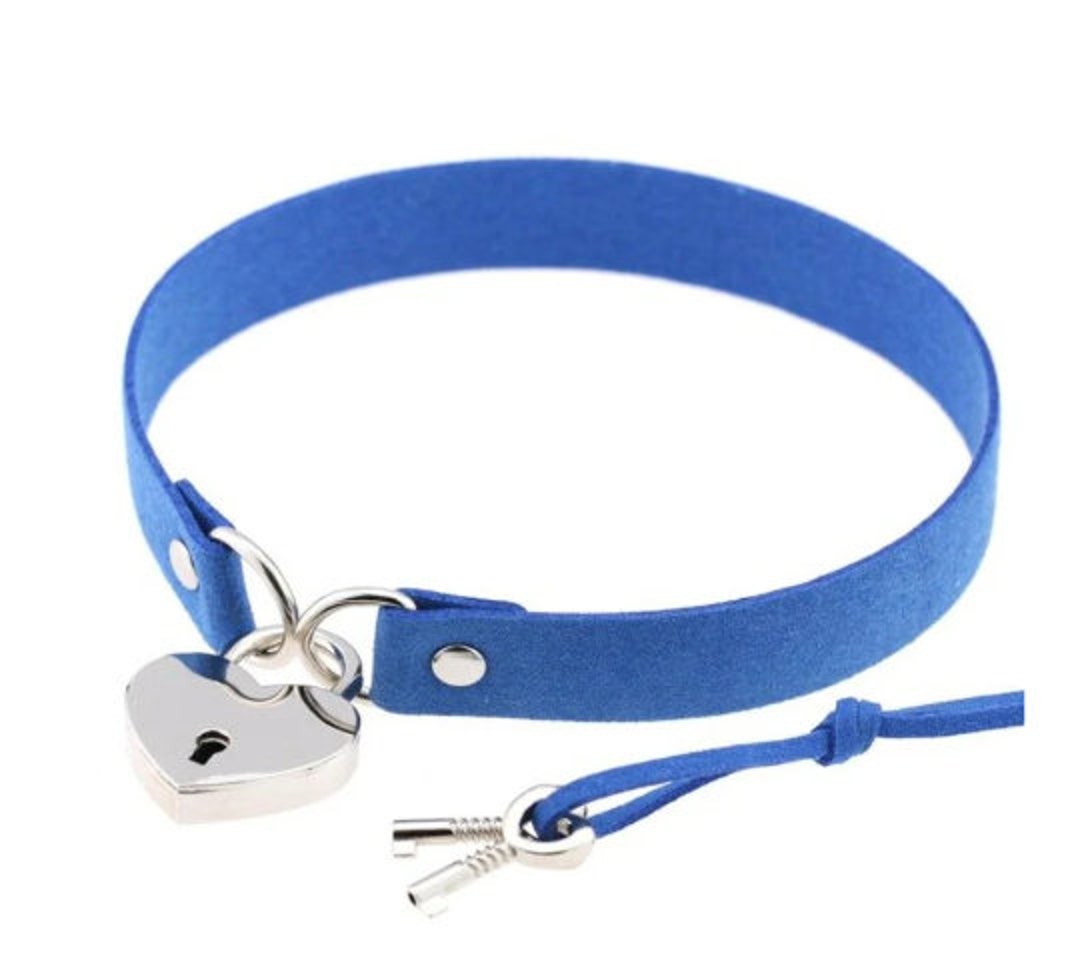 Blue Leather Heart Lock Choker,heart Lock Collar, Sub Collar Discreet ...