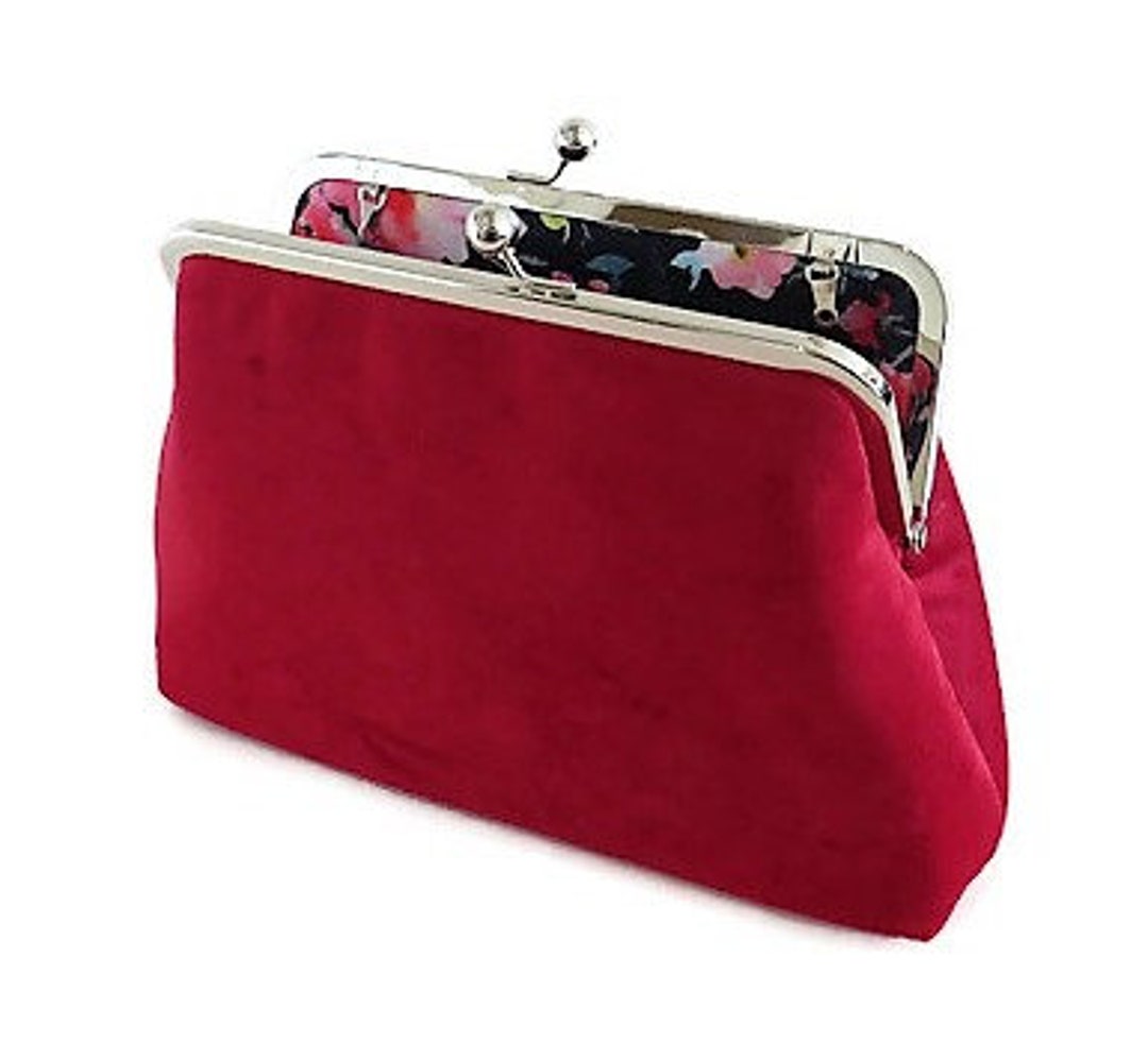 Red Velvet Handbag With a Floral Cotton Lining, Handmade Bag, Ladies ...