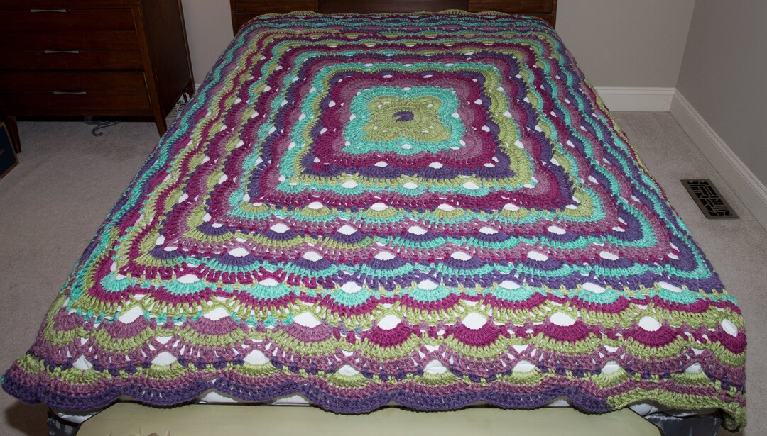 New Hand Crocheted Multi-color Afghan/l-77” X W-77”/purples, Green ...