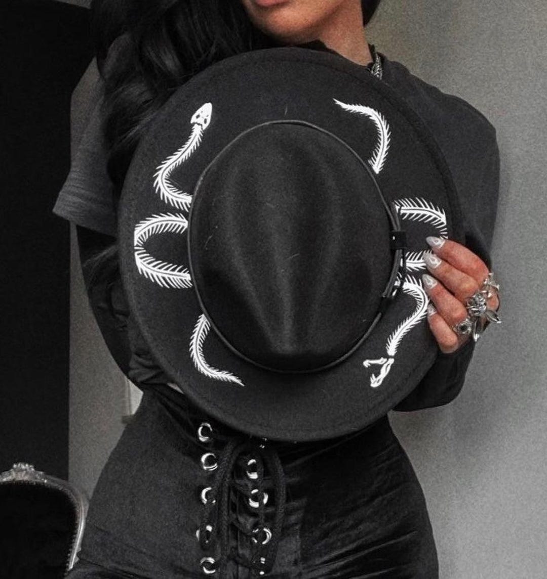 Vegan Felt Wide Brim Hat - Goth Witch Fedora Hat - Snake Skeleton - Etsy