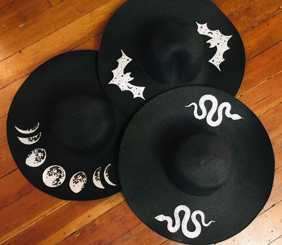 Floppy Sun Hat - XL Brim - Goth Witch Hat -moon Phase - Etsy