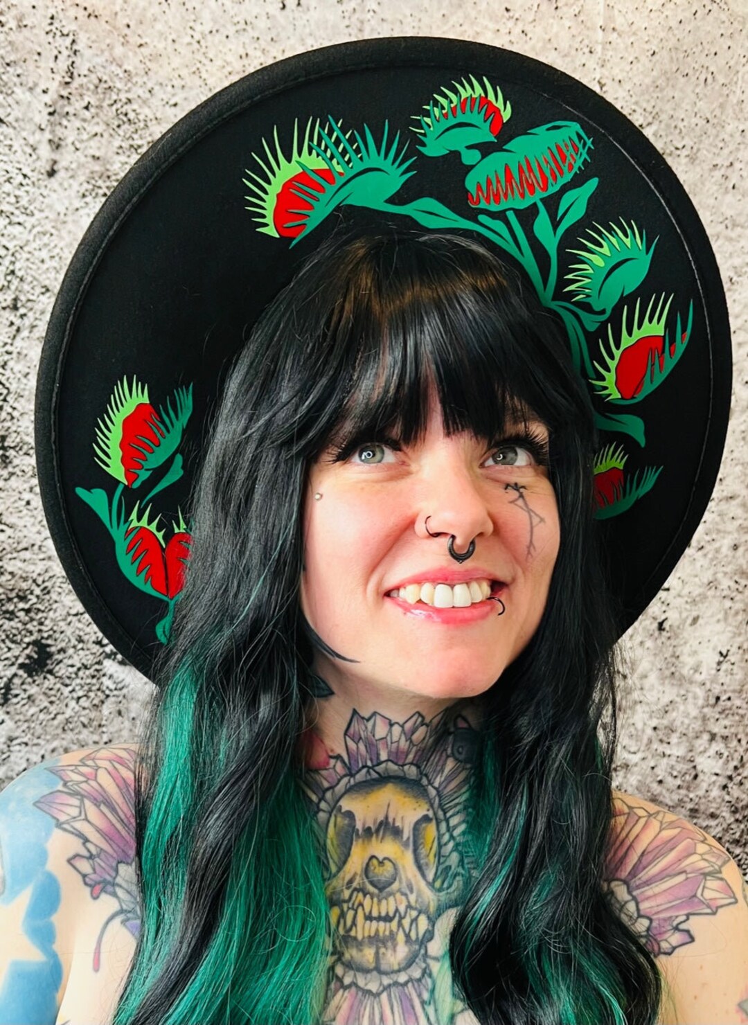 Vegan Felt Wide Brim Hat Goth Witch Fedora Hat XL Brim venus Fly Traps ...