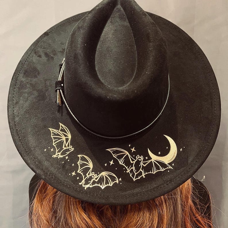 Vegan SUEDE Wide Brim Hat - XL Brim - Foiled Batty Moon - Etsy