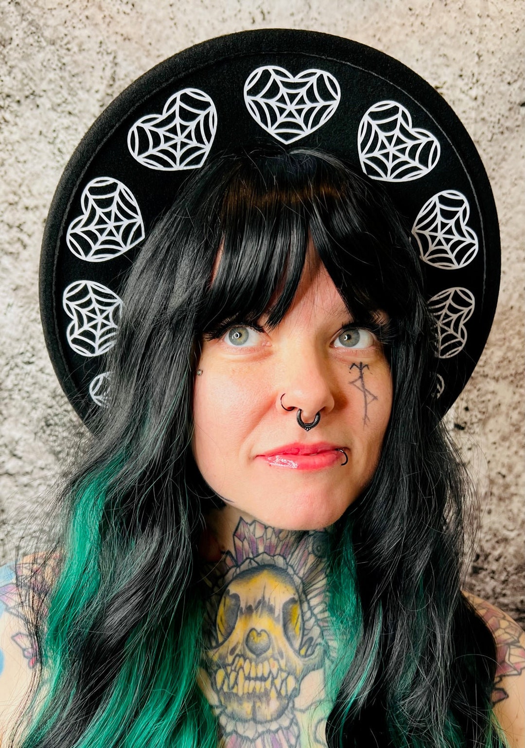 Vegan Felt Wide Brim Hat Goth Witch Fedora Hat b & W Web Hearts - Etsy