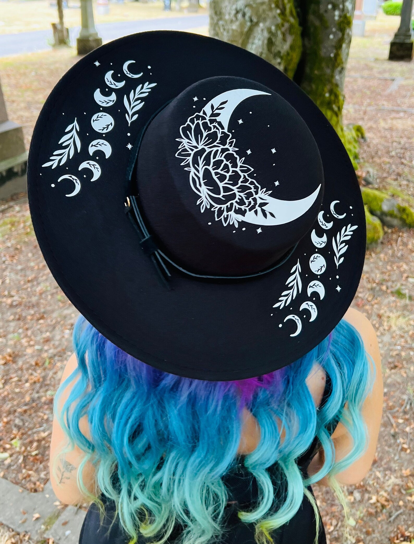 Vegan Felt Wide Brim Hat Flat Top XL Brim floral Moon - Etsy