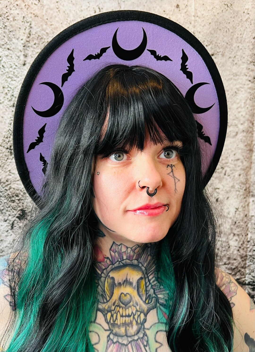 Vegan Felt Wide Brim Hat Goth Witch Halloween Fedora Hat lavender Bat ...