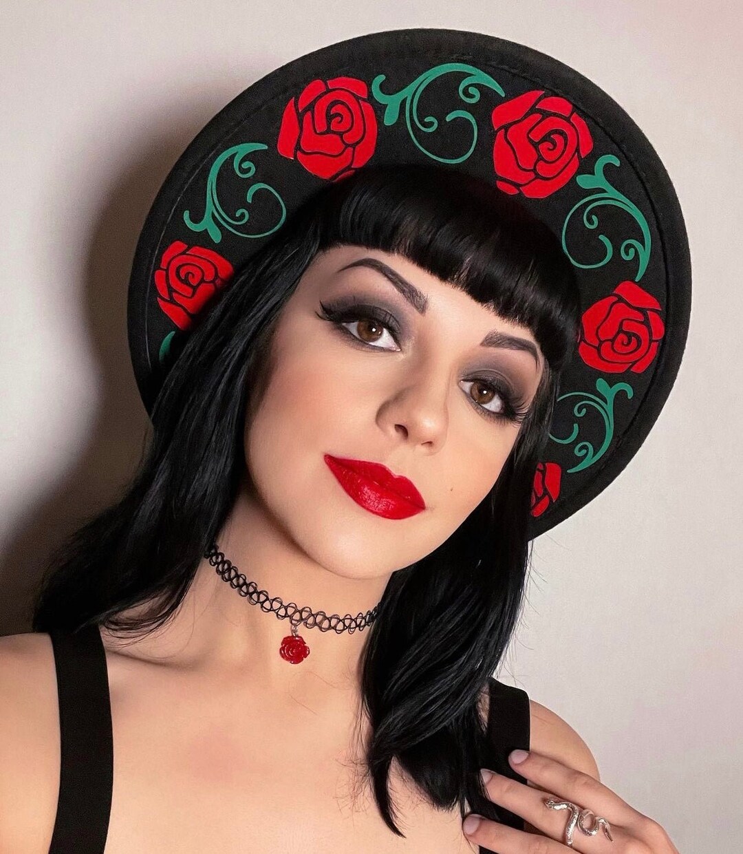 Vegan Felt Wide Brim Hat Goth Witch Floral Fedora Hat Rose Crown - Etsy