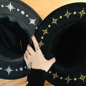 Vegan Felt Wide Brim Hat - Goth Witch Fedora Hat - Silver Starburst ...