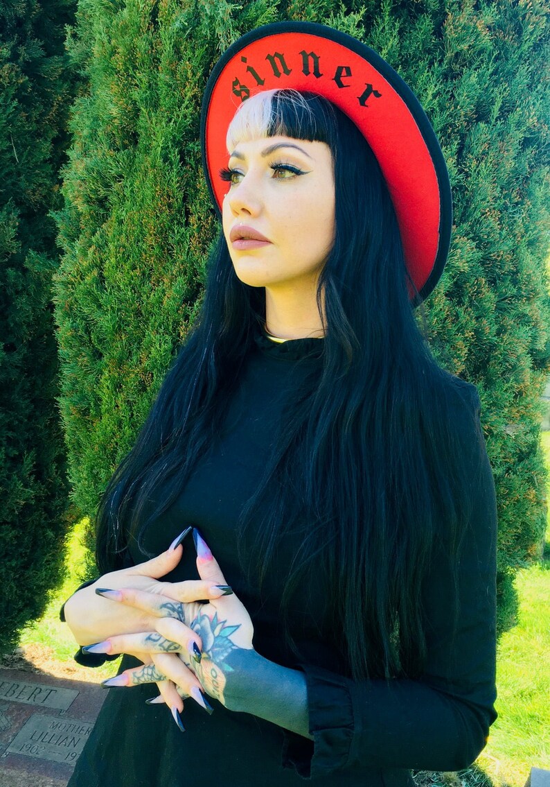 Vegan Felt Wide Brim Hat Goth Witch Fedora Hat Red/black - Etsy