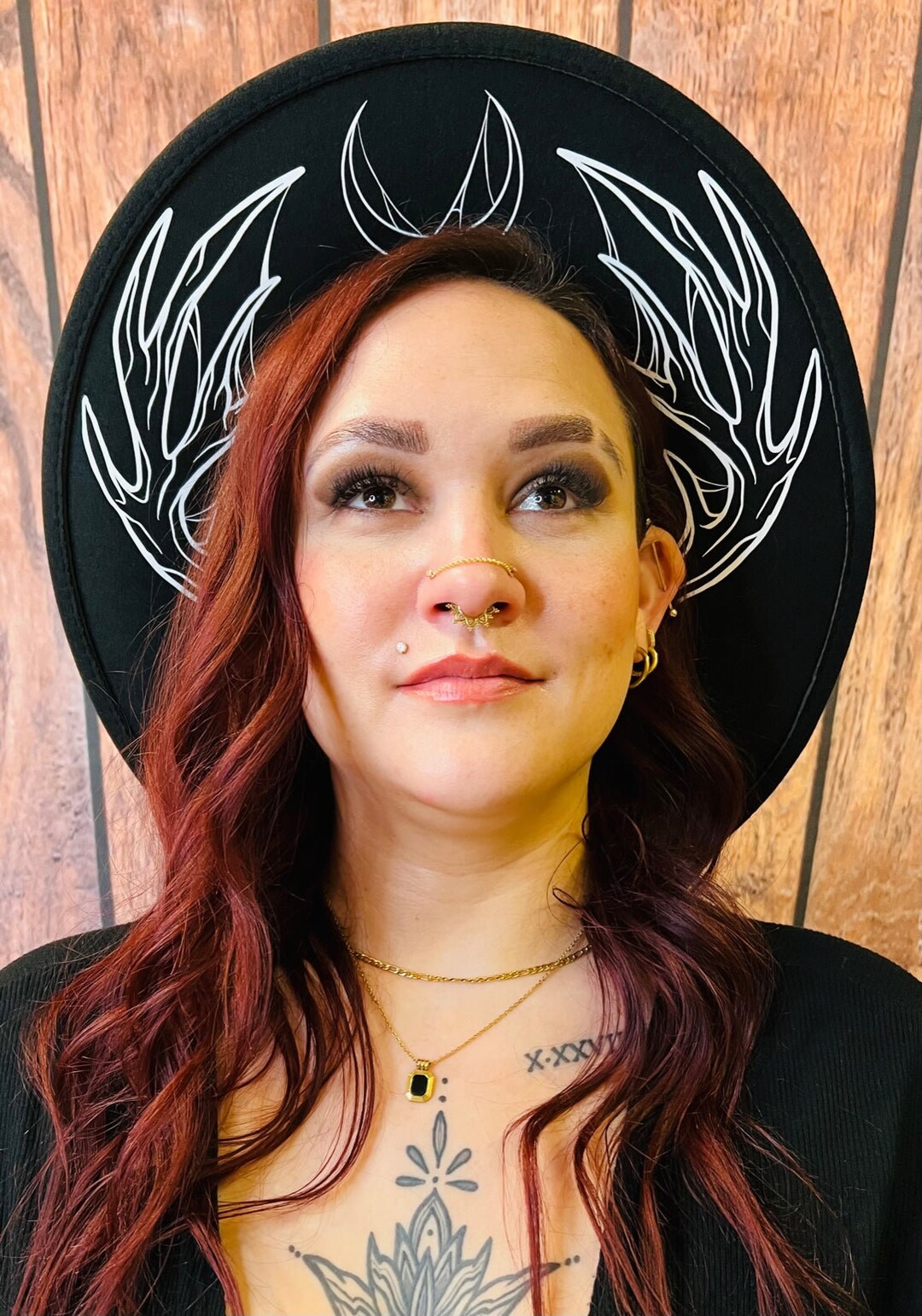 Vegan Felt Wide Brim Hat Goth Witch Fedora Hat XL Brim webbed Antlers ...