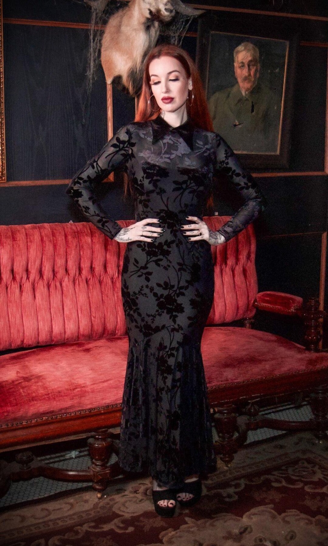 Gothic Dress - Goth Maxi Dress - Ophelia - Velvet Flocked Lace up Maxi ...