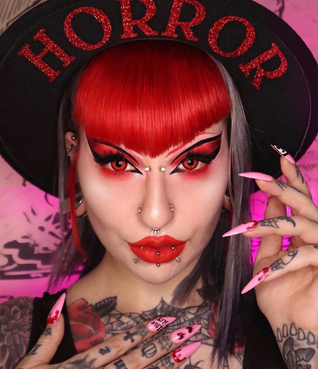 Vegan Felt Wide Brim Hat - Goth Witch Horror Fedora Hat - Red Glitter ...