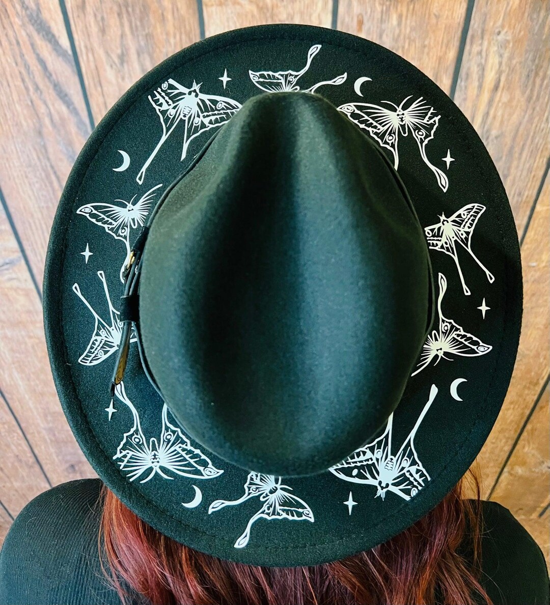Vegan Felt Wide Brim Hat - Goth Witch Fedora Hat - Lunar Moths - Etsy