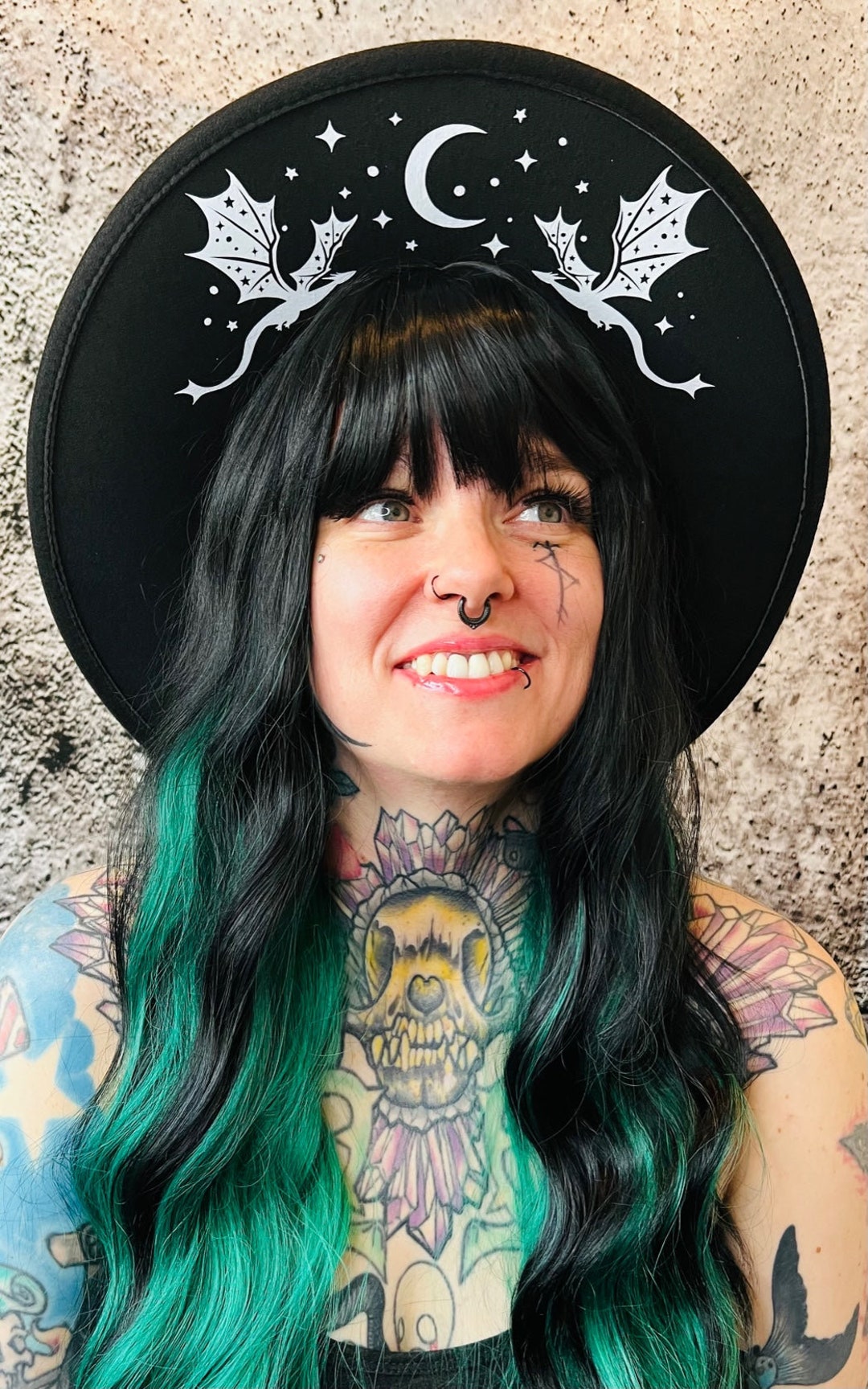 Vegan Felt Wide Brim Hat Goth Witch Fedora Hat XL Brim dragons - Etsy