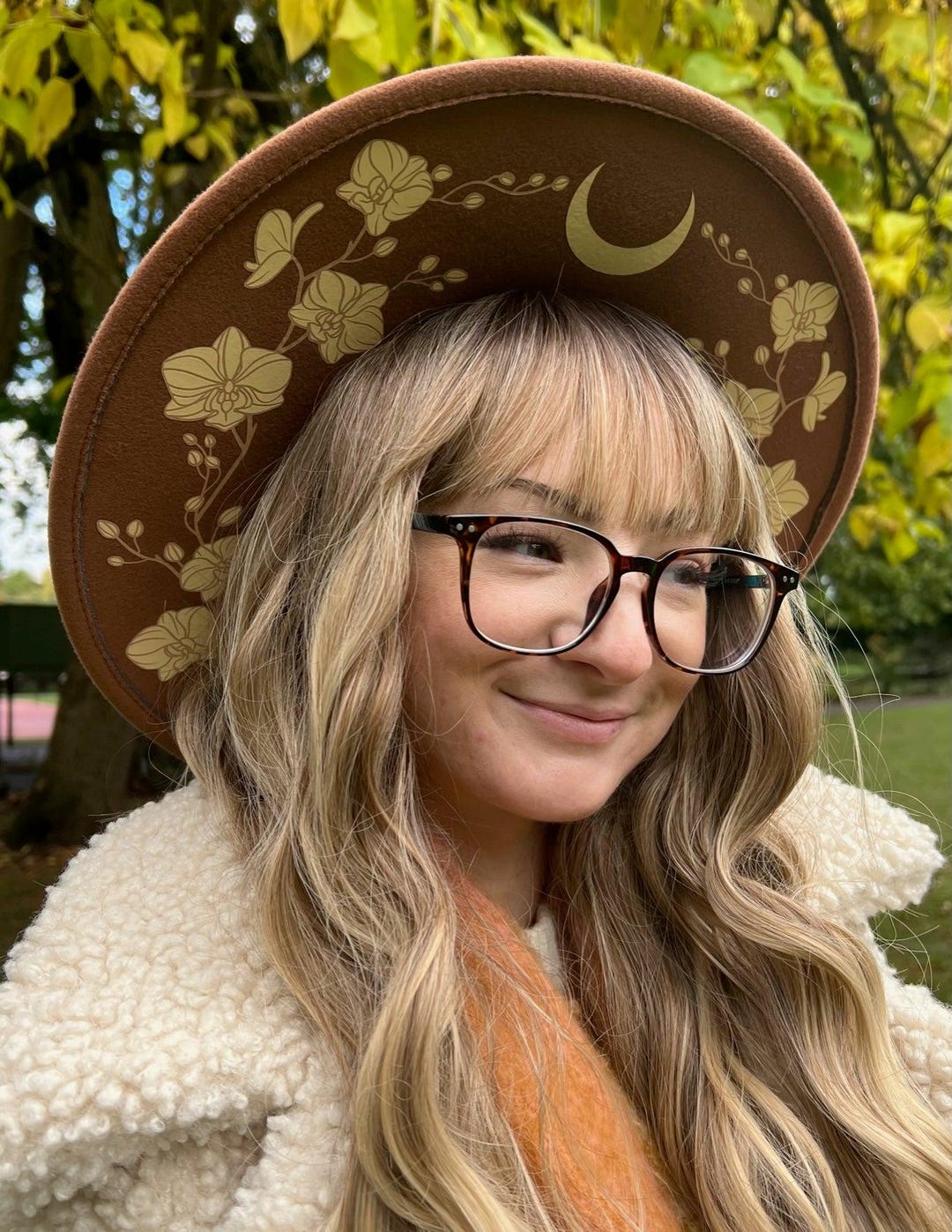 Fox & Fable - Vegan Felt Wide Brim Hat - XL Brim - Caramel - Orchids - Etsy