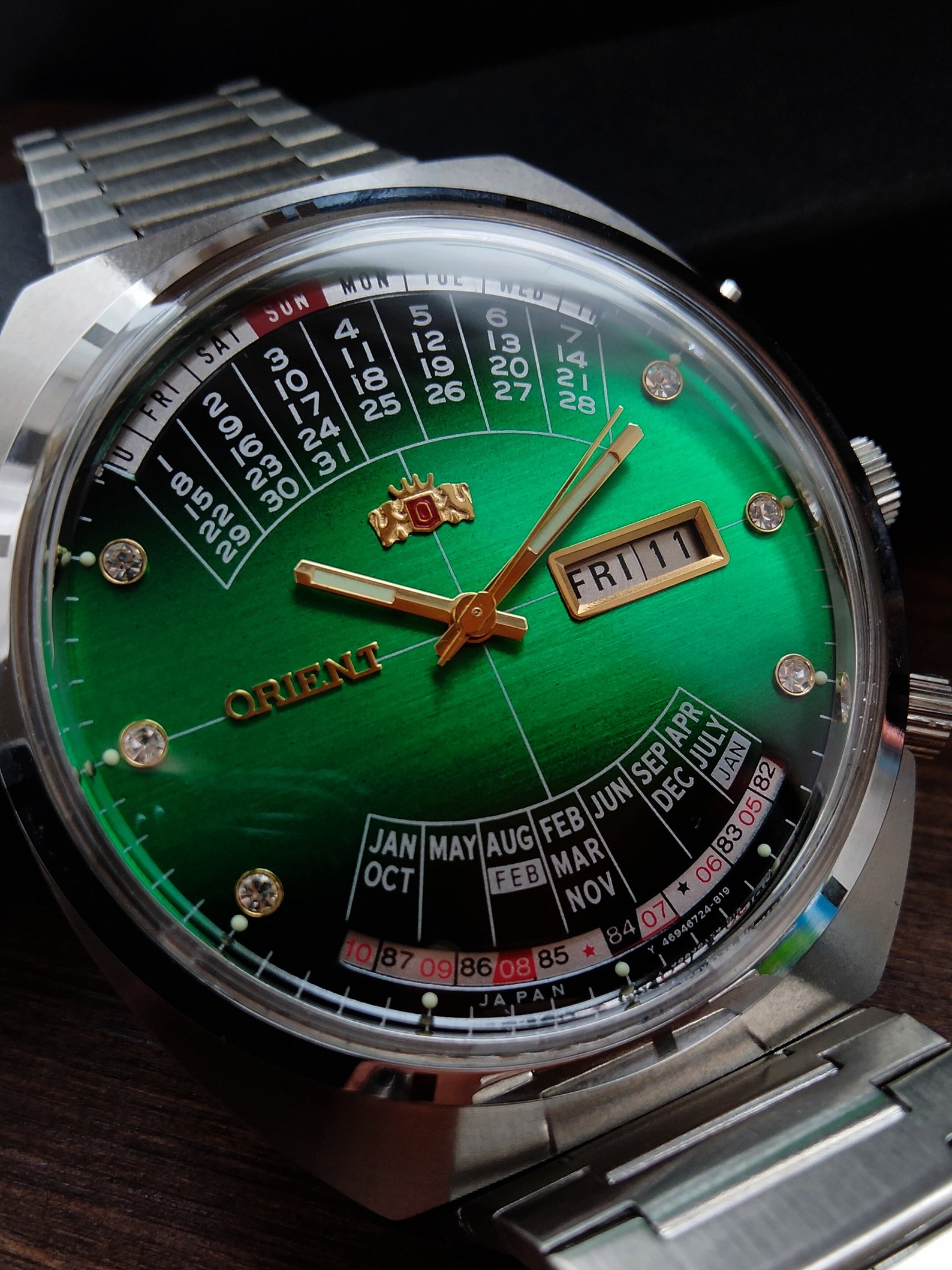 Vintage Orient Multi Calendar Automatic Watch: Green Dial, Stainless ...