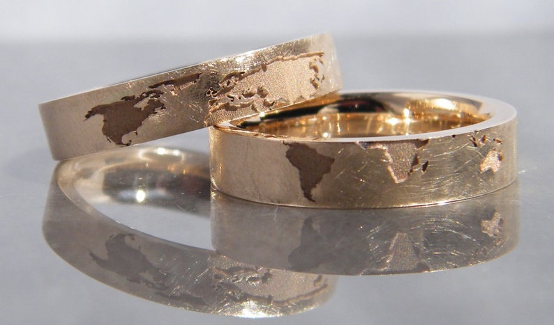 7 Continents Wedding Rings World Map Made of 585 Yellow Gold - Etsy