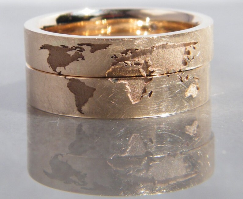 7 Continents Wedding Rings World Map Made of 585 Yellow Gold - Etsy