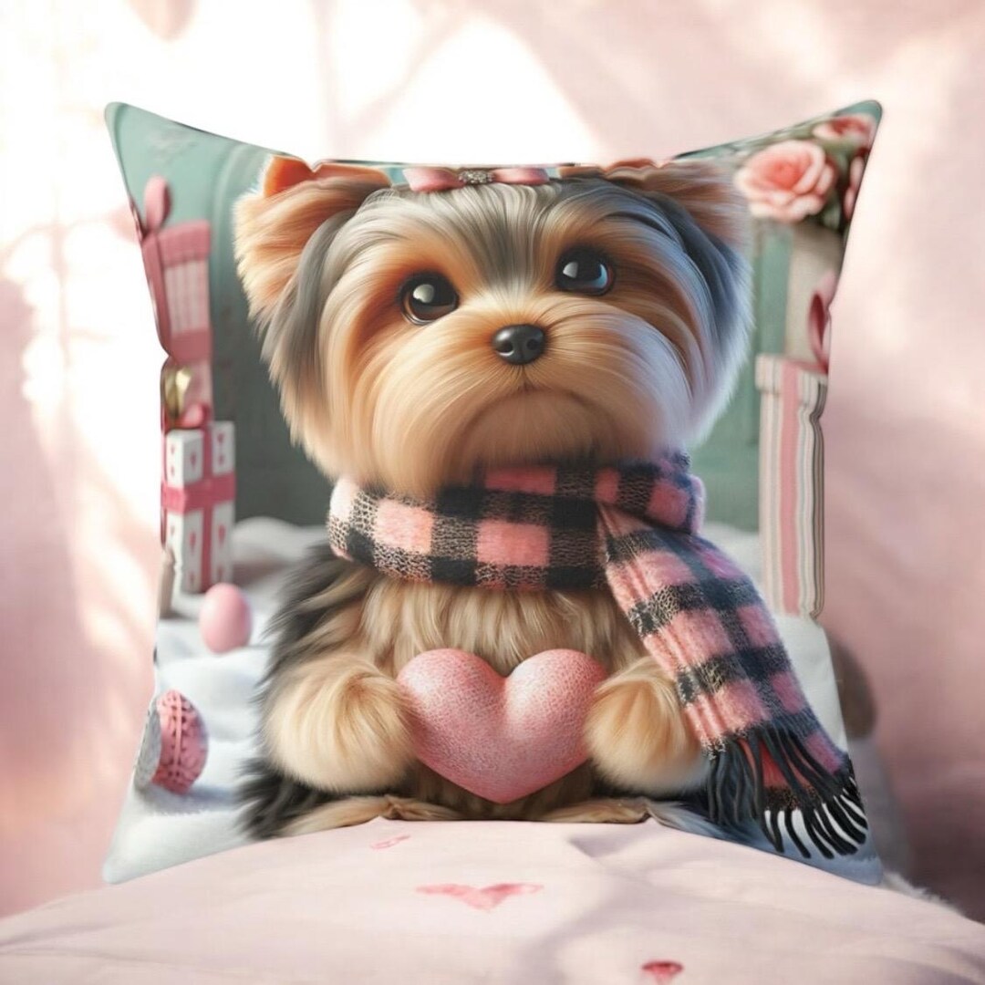 Yorkshire Terrier Valentine Puppy Decorative Pillow Yorkie Pillow for ...