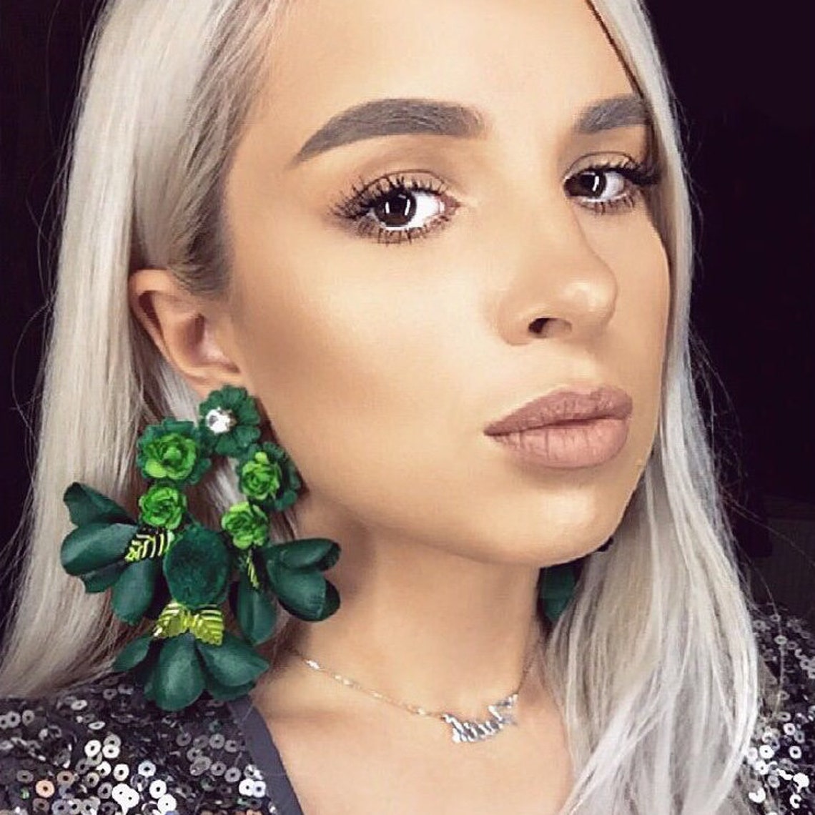 Green Flower Garden Drop Pom Pom Earrings Flower Earrings | Etsy