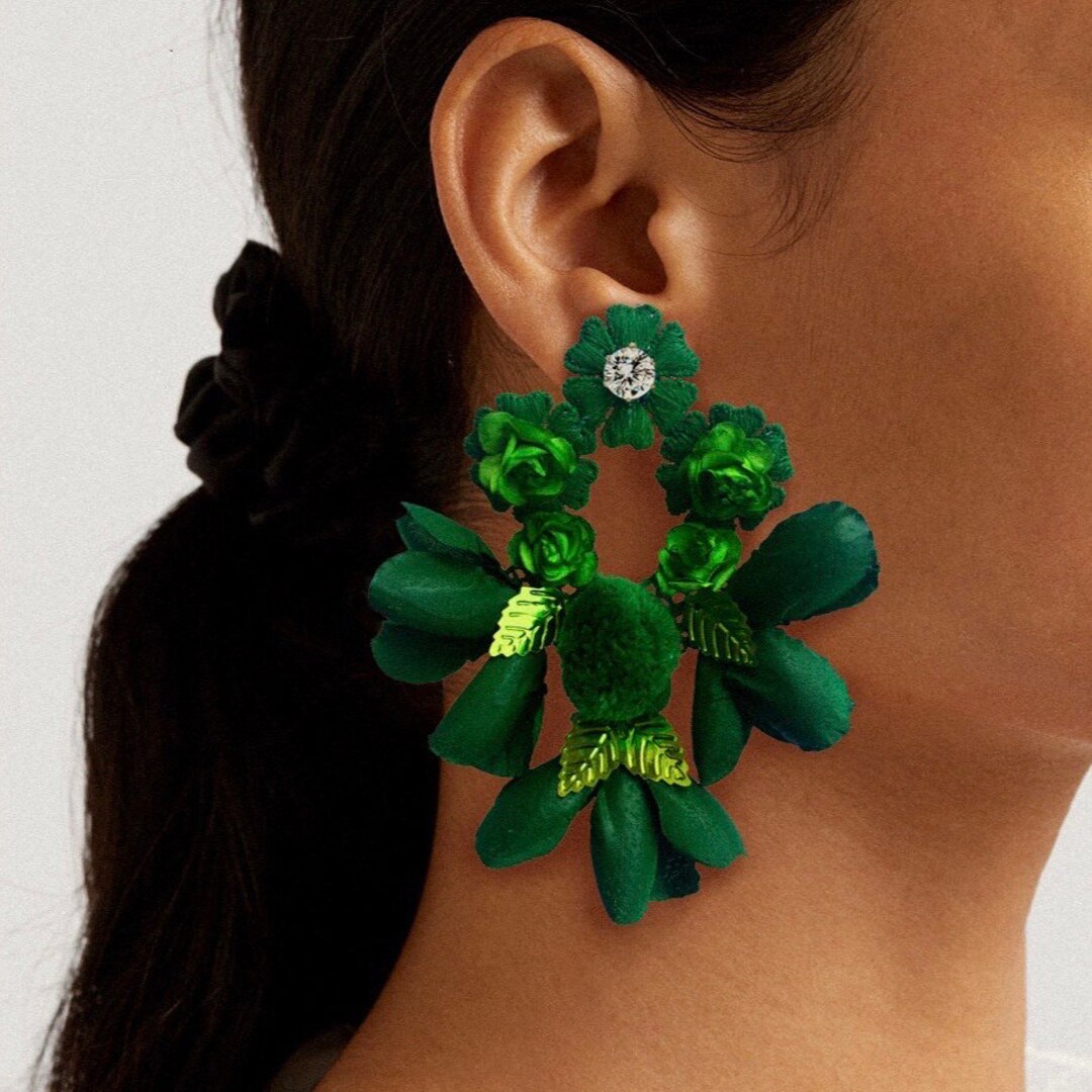 Green Flower Garden Drop Pom Pom Earrings, Flower Earrings, Statement ...