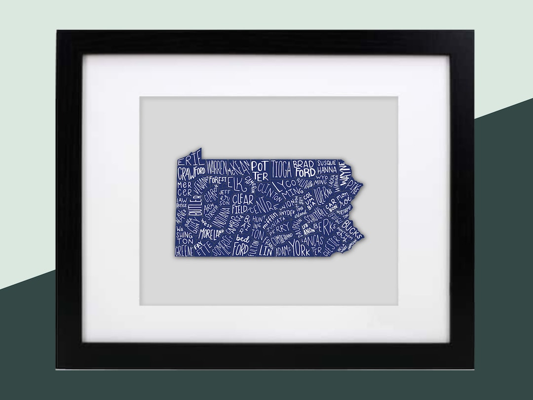 Pennsylvania Art Print, PA Map With Counties, Blue Pennsylvania Art ...