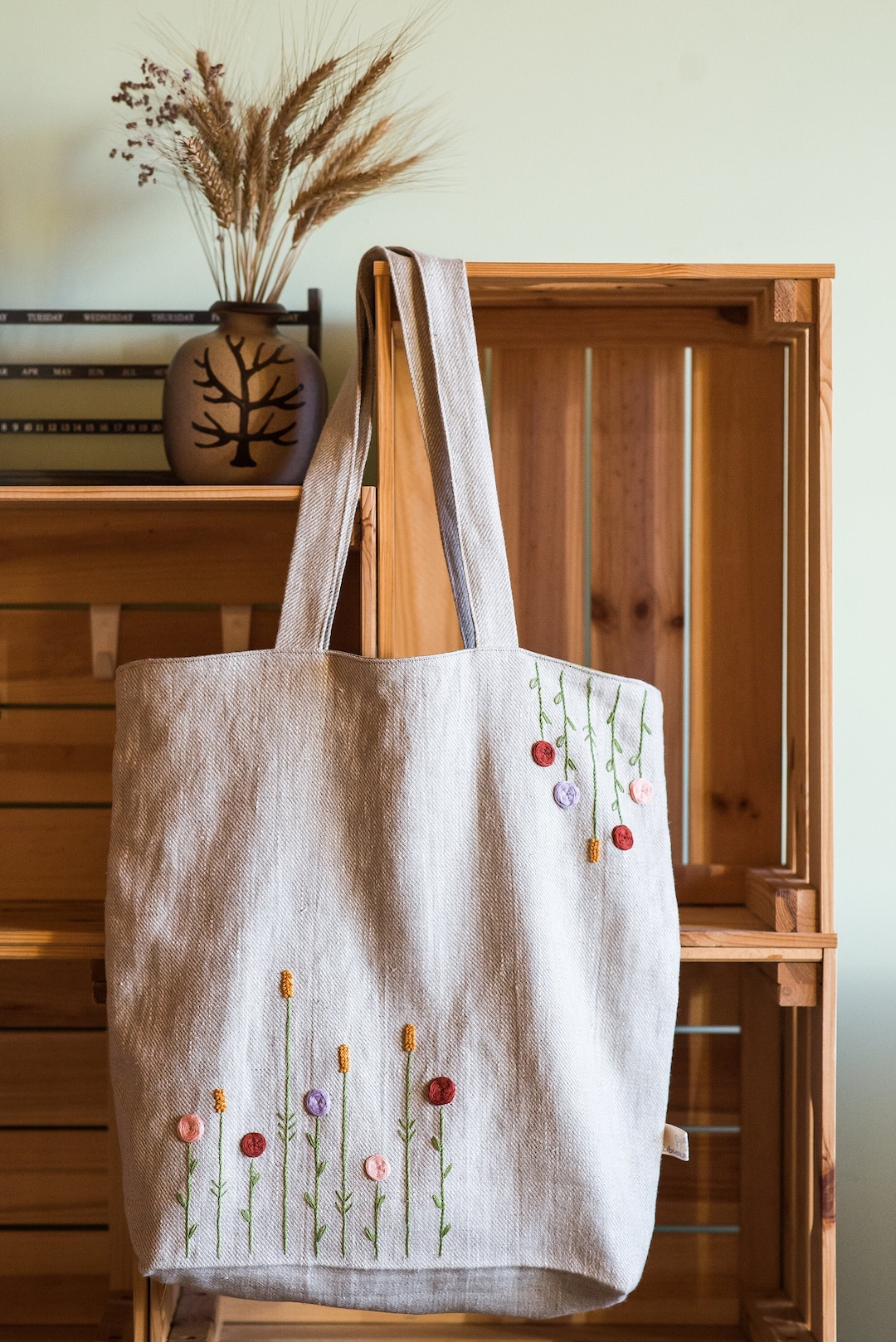 Set of Floral Handembroider Tote Bag and Pouch, Linen Shoulder Bag and ...