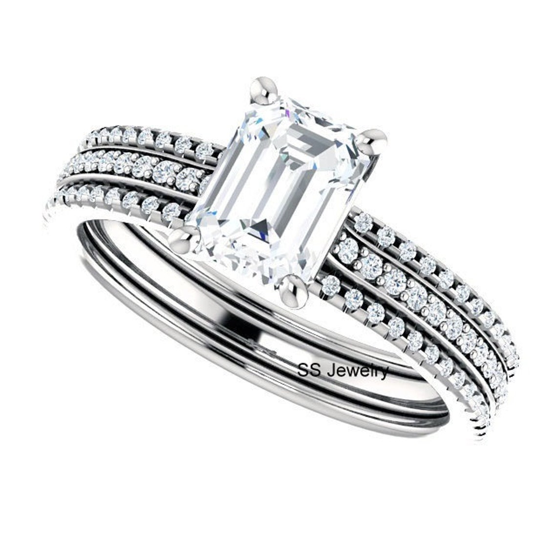 Three Shank Solitaire Ring For Engagement 2 Ct Emerald Cut | Etsy