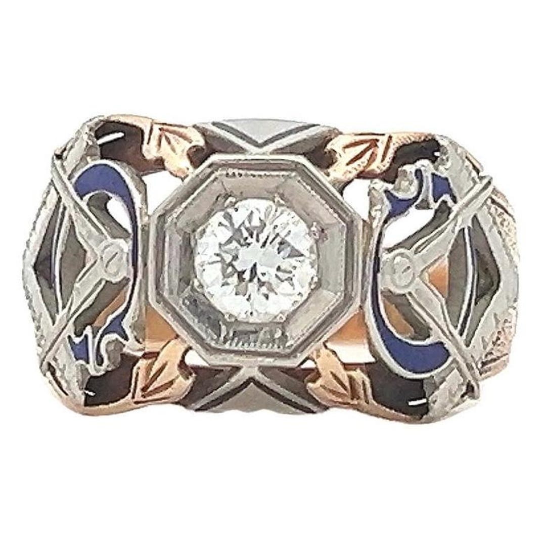 Rare Vintage Diamond Set 10ct Gold Enamelled Masonic Ring. American ...