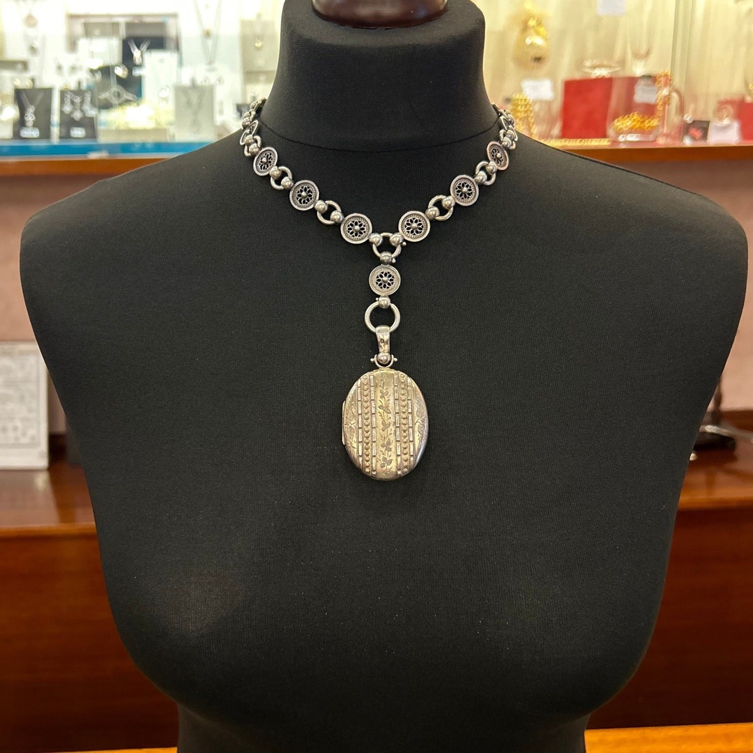 Antique Victorian Silver Locket and Collar Necklace. Hallmarked ...