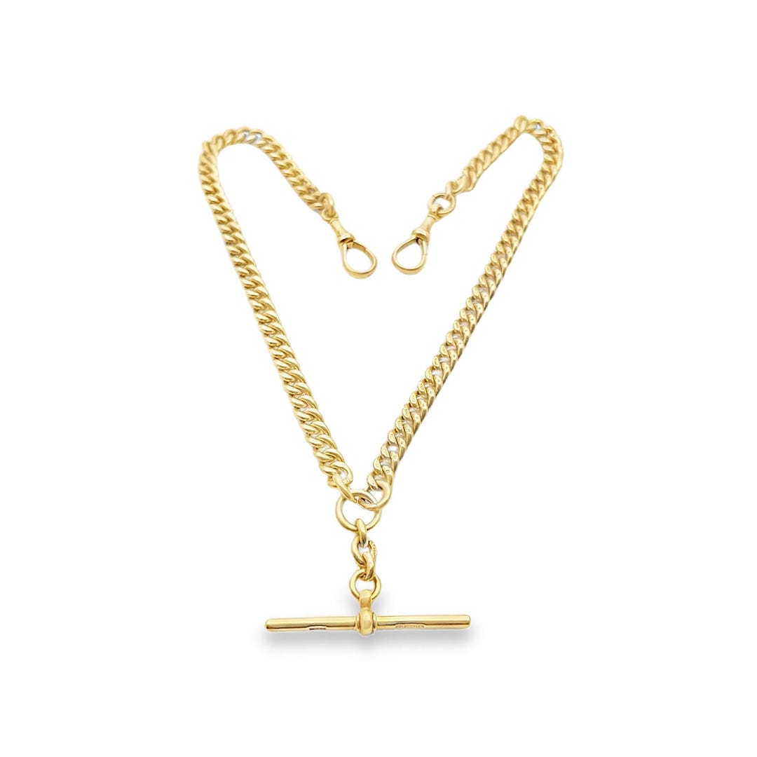 Antique Edwardian 9ct Yellow Gold Albert Watch Chain & T-bar. Curb Link ...