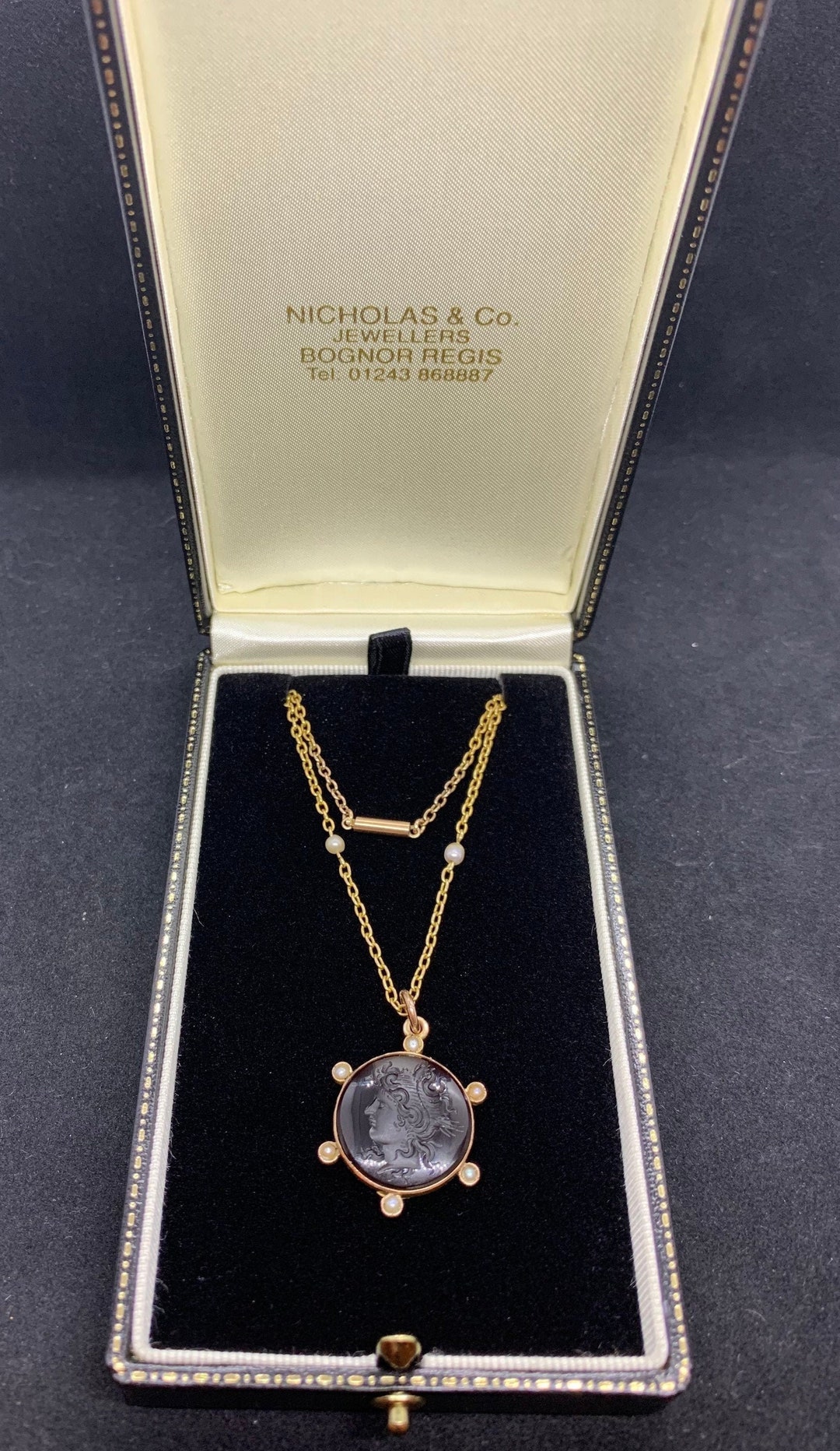 Antique Carved Intaglio Pendant. 9ct Gold & Pearl Chain. 'ceres ...