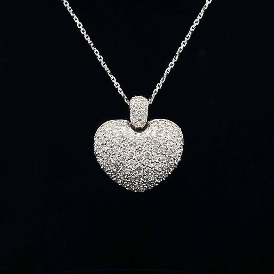 Preloved Pave Set Diamond Puffy Heart 18ct White Gold Pendant With 18ct ...