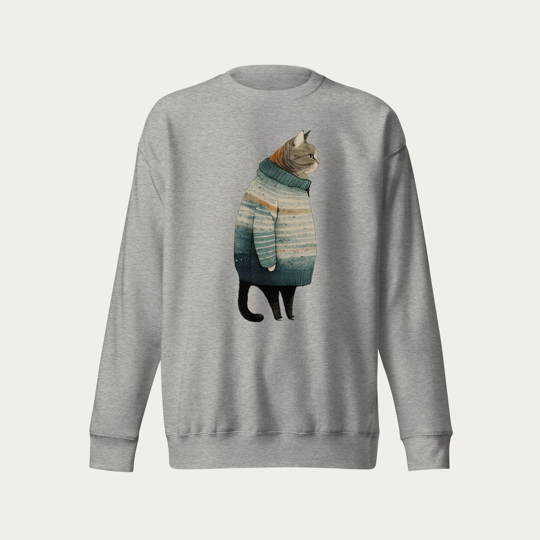 Fat Gray Cat in Sweater / Unisex Crewneck Sweatshirt Long Sleeve Shirt ...