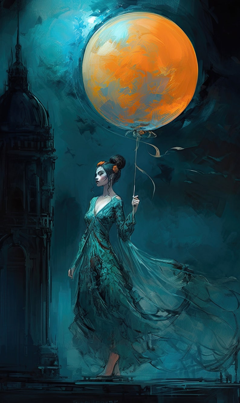 Woman in Blue & Moon Balloon / Poster, Print, Wall Art / Fantasy ...