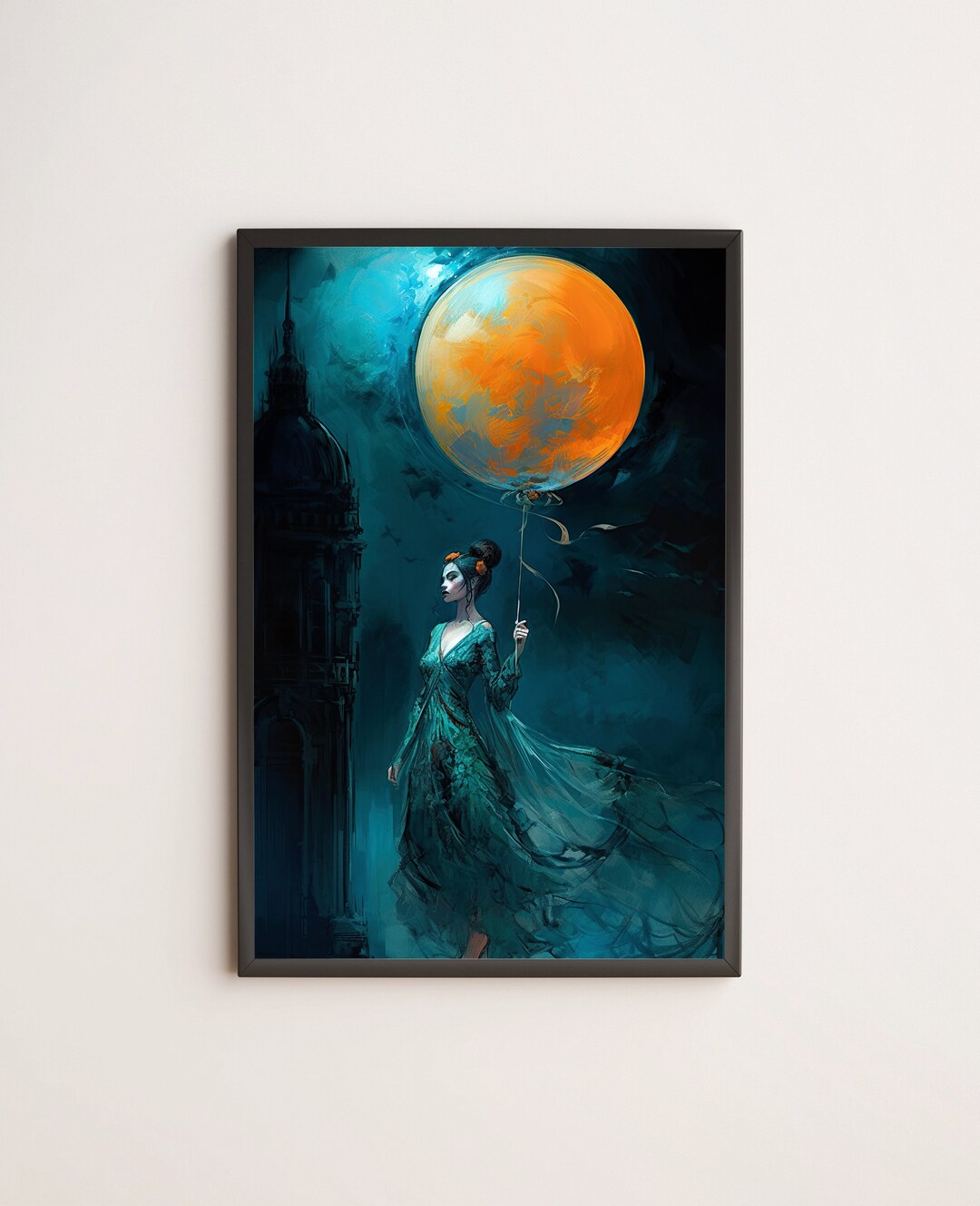 Woman in Blue & Moon Balloon / Poster, Print, Wall Art / Fantasy ...
