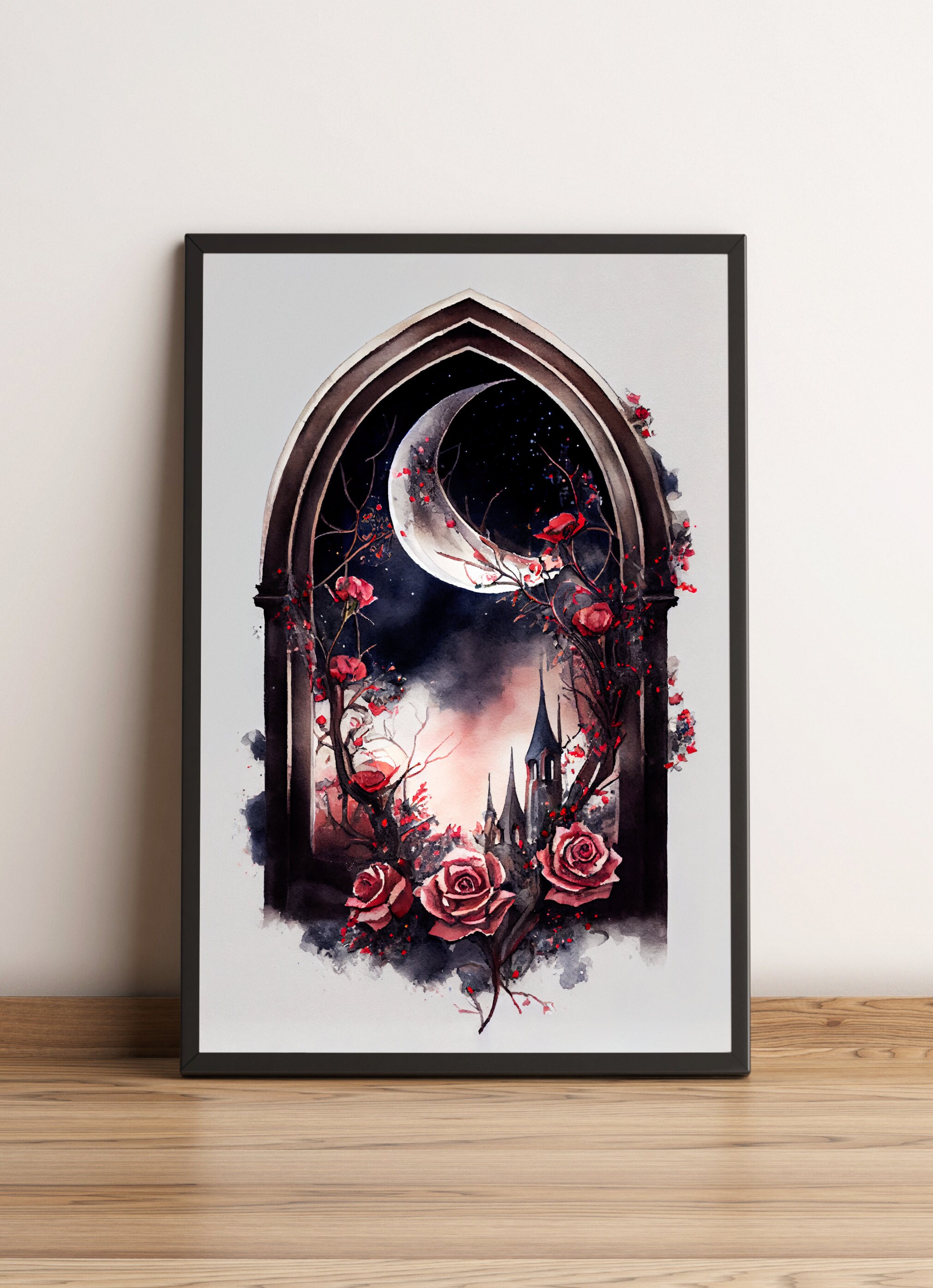 Vampire Castle Window, Roses, Moon, Watercolor / Poster, Print, Wall ...