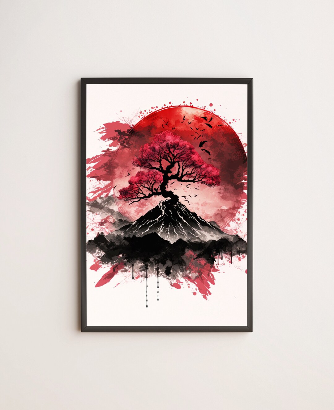 Mountain & Cherry Blossoms Under Blood Moon / Poster, Print, Wall Art ...