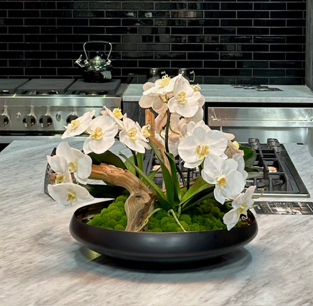 Faux Orchids & Driftwood in Greer Bowl - Luxury High-end Arrangement ...
