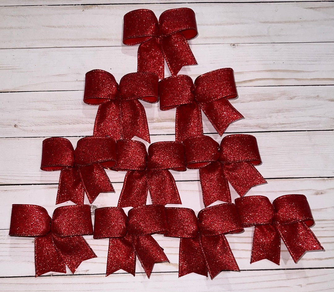 10 Red Glitter Christmas Tree Bows, Red Glitter Xmas Tree Bows, Small ...
